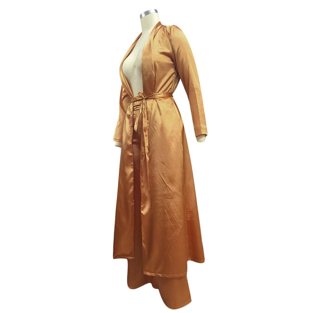 ECHOINE Womens 2 Piece Outfits Satin Silk Open Front Cardigan kimono Cover-Up with Wide Leg Long Pants Set GOLD XXL