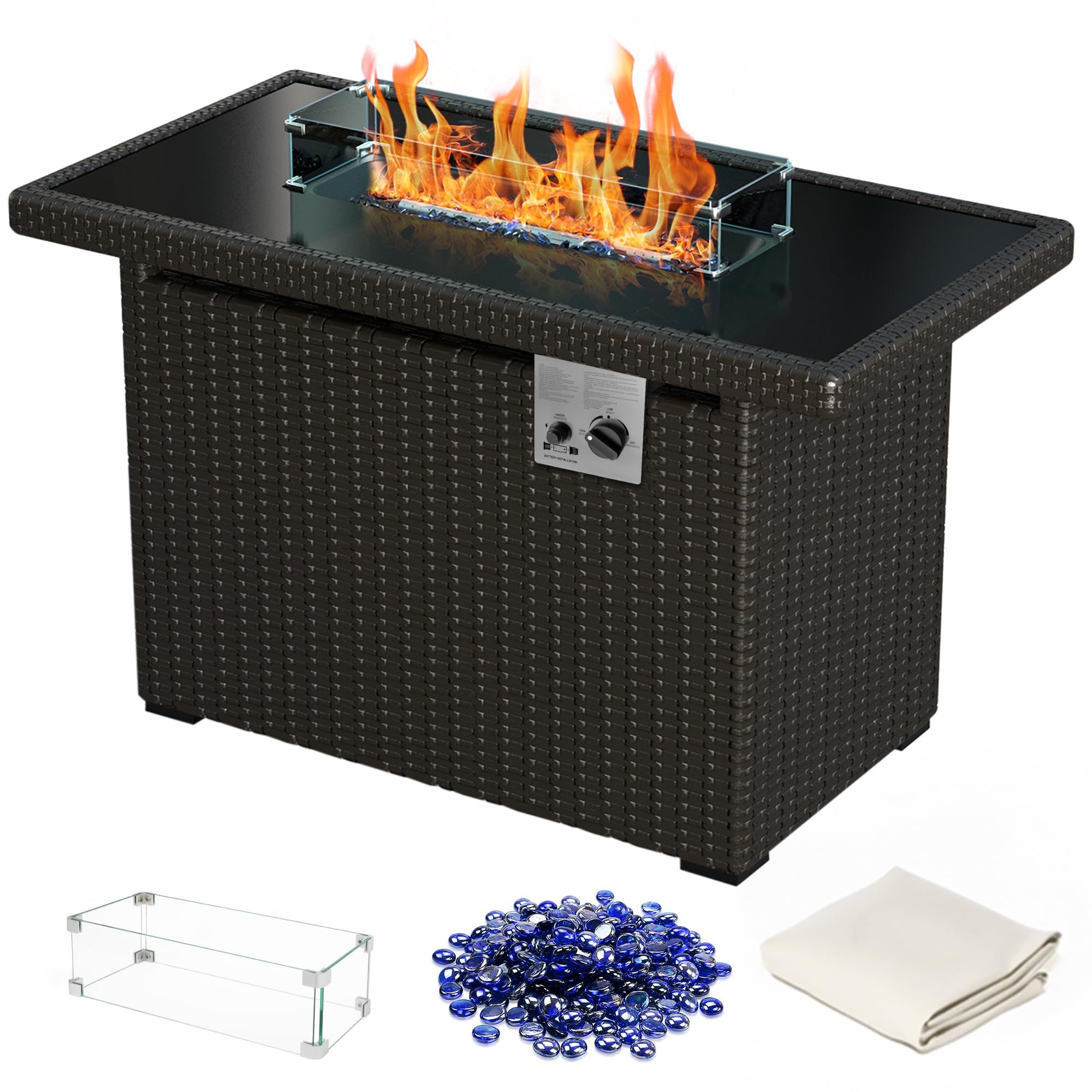 Gorilla Gadgets Premium 2-in-1 50,000 BTU Fire Pit. Discreet Under-Table Storage, Protective Glass Wind Guard, Lightweight Steel Frame, and Weatherproof Brown Wicker. Elevate Your Outdoor Experience!