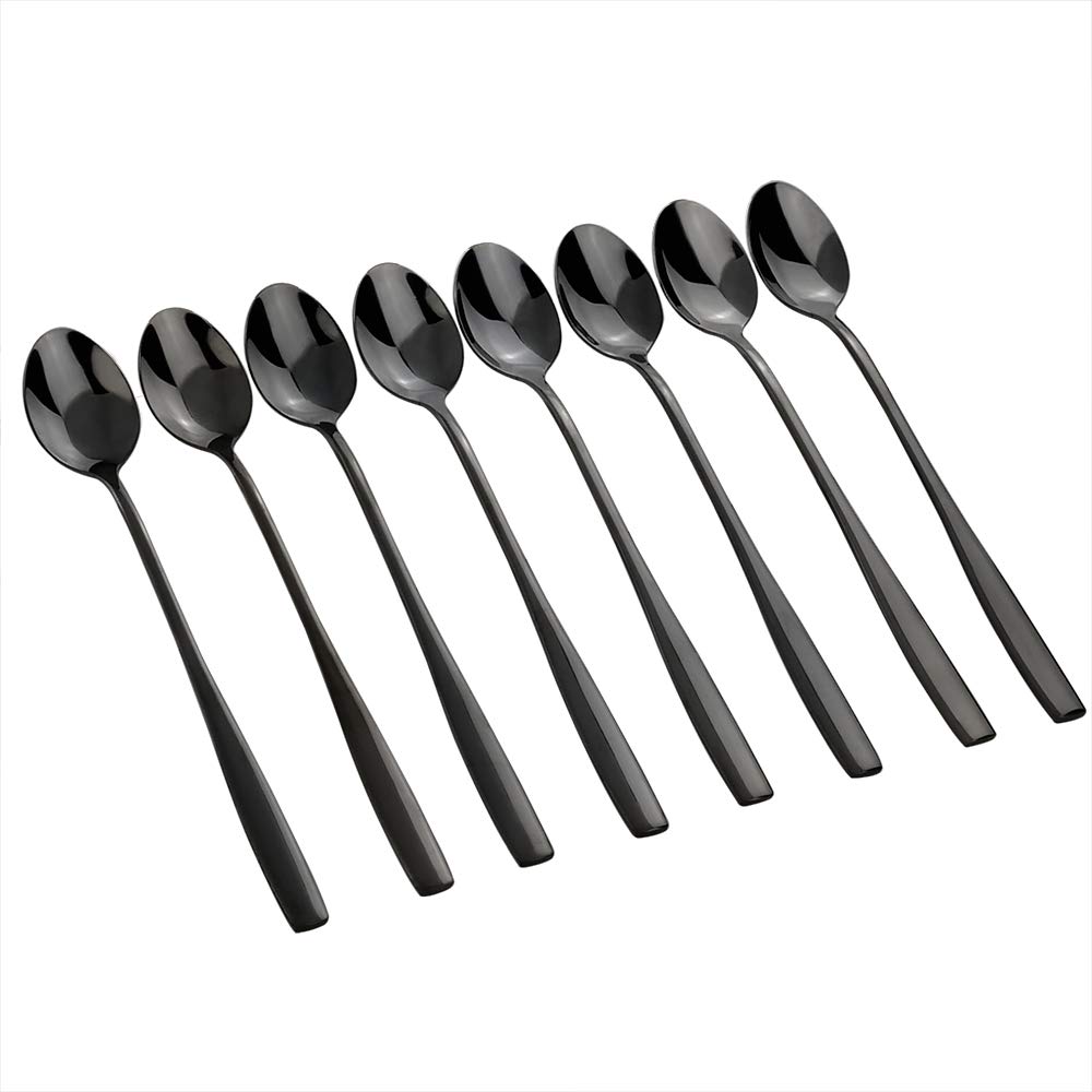 Teyyvn Black Stainless Steel Iced Tea Spoon, Long Handle Stirring Spoon, Set of 8
