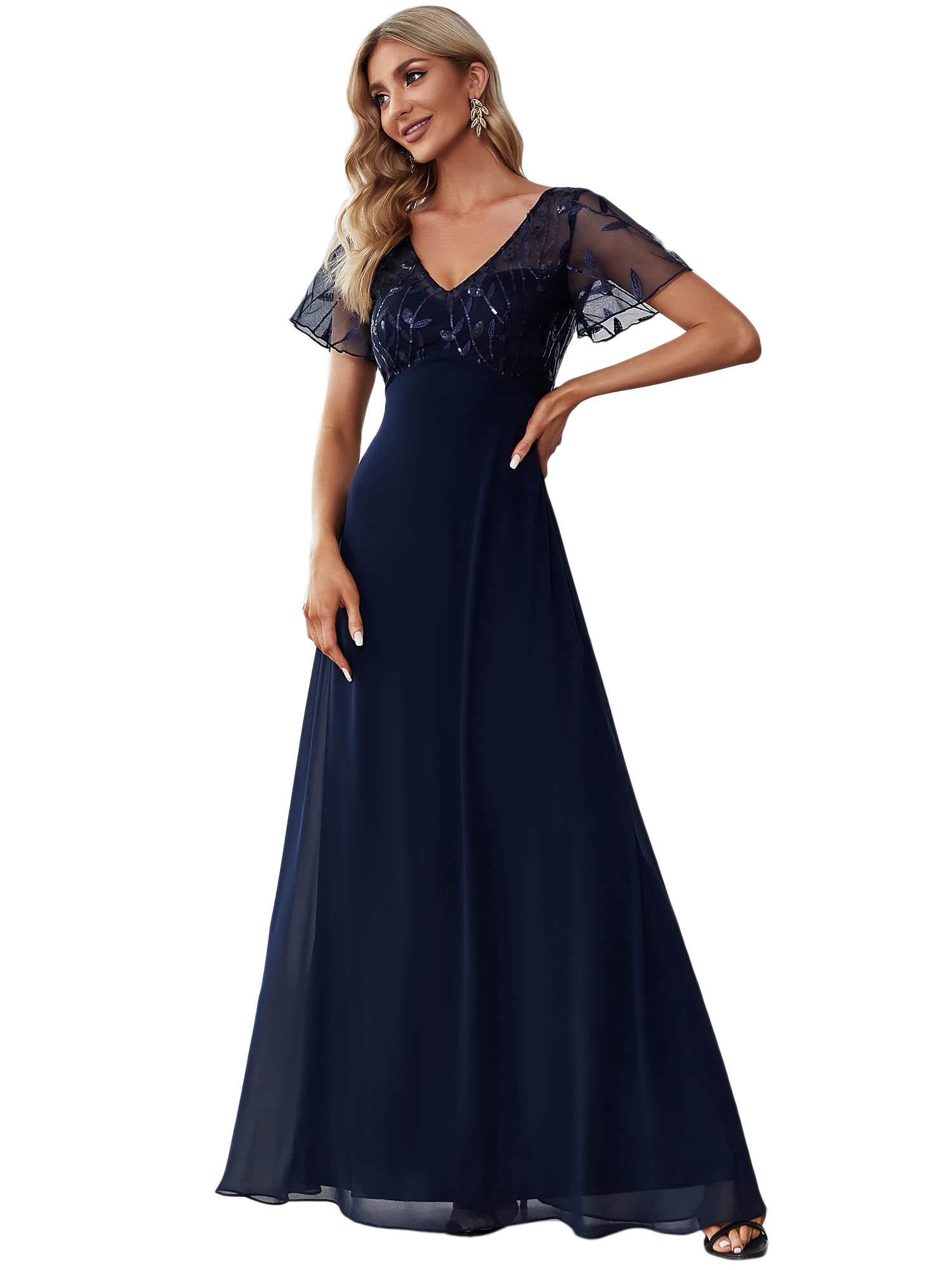 Ever-Pretty Women's Short Sleeve Sweetheart Illusion Wedding Party Maxi Dress Navy US14