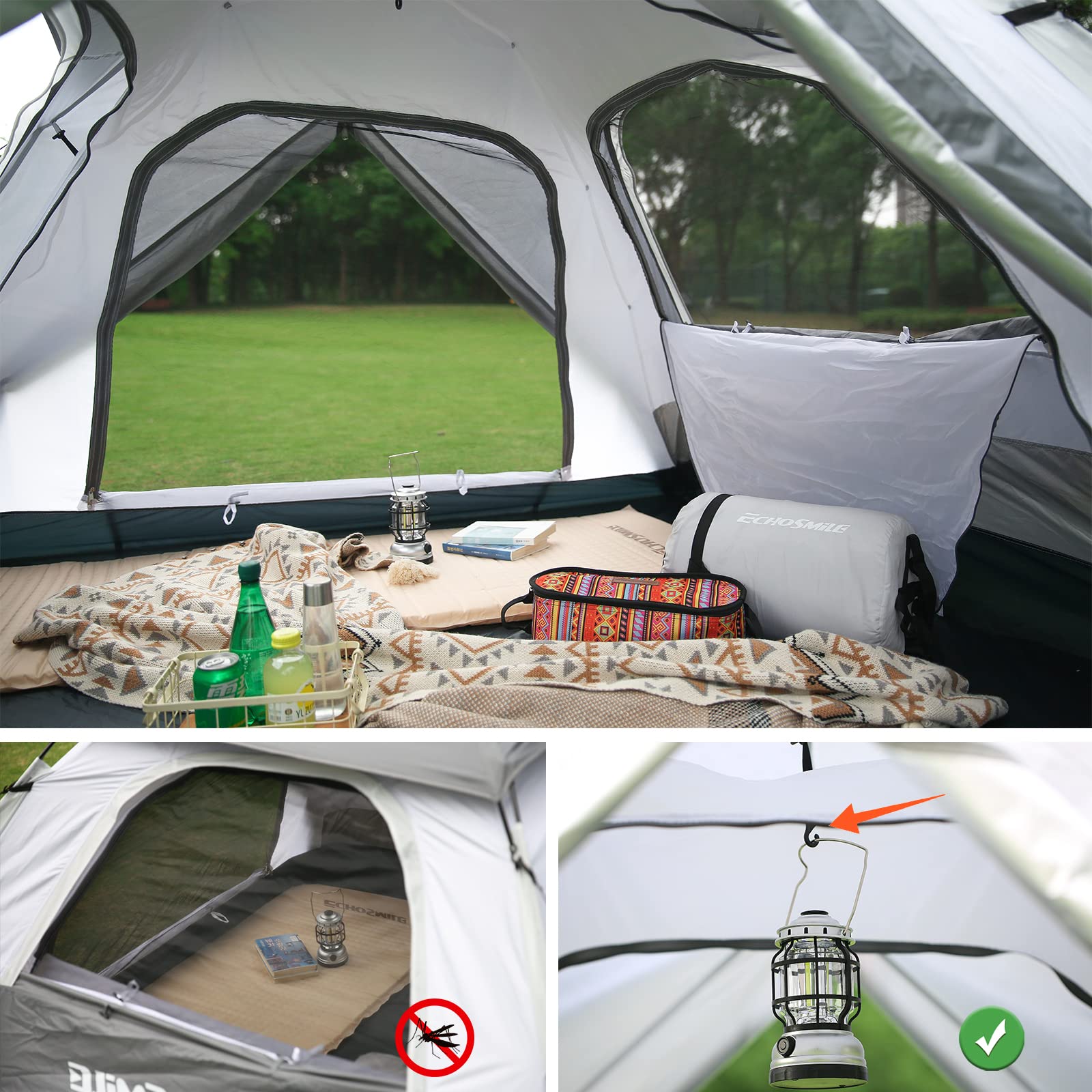 Echosmile Pop Up Tent Family Camping Tent, 4 Person Instant Tent, Easy Set Up Tent, Lightweight Portable Automatic Tent, Waterproof Dome Tent, Windproof Outdoor Backpacking Tent (Grey (with Rainfly))