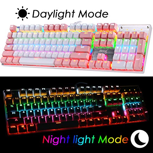 FELICON RGB LED Backlit Wired Mechanical Gaming Keyboard,Metal Panle Dustproof Suspended Keycap Keyboard,for Mac Laptop PC Game and Work (Pink)