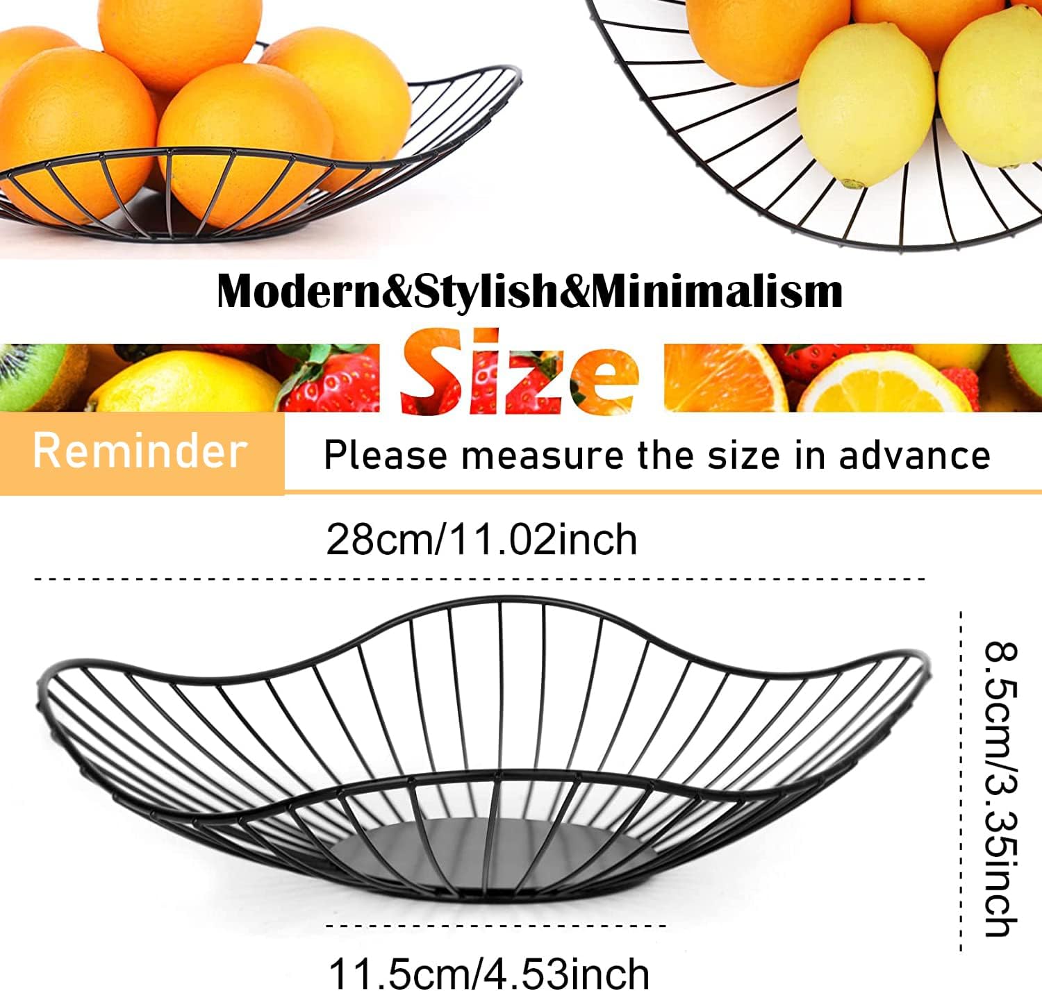 Fodayuse Flat Modern Black Fruit Bowl, Fruit Holder for Fruit and Vegetable Storage, Minimalism Wire Fruit Bowls for Kitchen Counter, Home Decor, Countertop, Table Centerpiece, Black