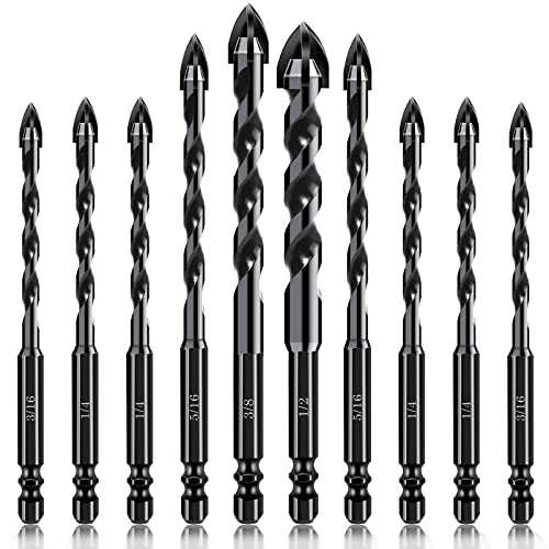 HPHOPE 10Pcs Masonry Drill Bits Set - Concrete Drill Bit Set for Tile, Brick, Glass, Plastic and Wood, Tungsten Carbide Tip Work with Ceramic Tile, Wall Mirror, Paver on Concrete or Brick Wall