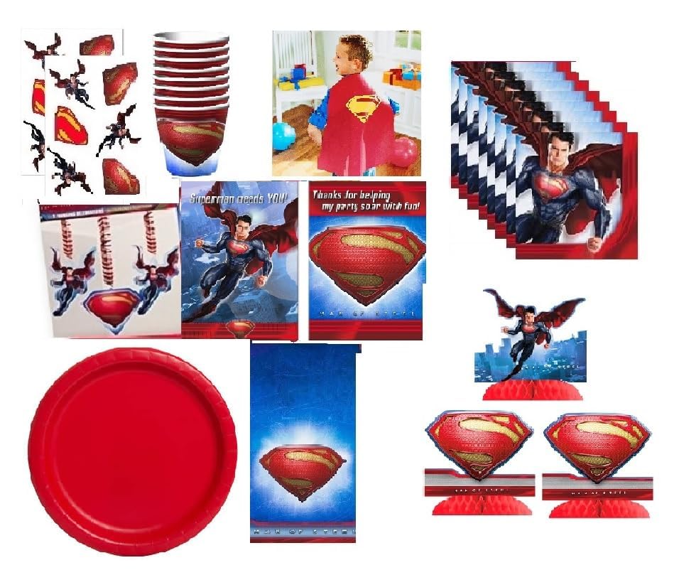 Superman Birthday Party Supplies Bundle includes Plates, Cups, Napkins, Table Cover, Invitations, Thank You Notes, Cape, Hanging Decoration, Centerpiece, Tattoo