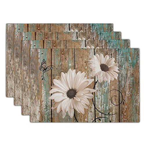 Giwawa Rustic Daisy Board Placemats- White Sunflowers on Vintage Wood Plank Linen Table Place Mat- Farmhouse Wooden Non-Slip Heat Resistant Table Mats for Dining Kitchen Cabin Lodge Decor