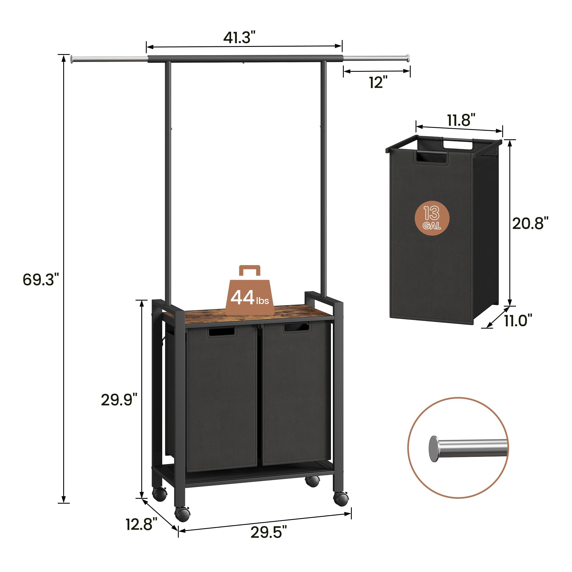 Laundry Hamper Cart with Hanging Bar, 2 x 13 Gal Laundry Sorter, 2 Removable Bags Laundry Baskets with Wood Top Table & Wheels, Laundry Sorter for Laundry Room Organization