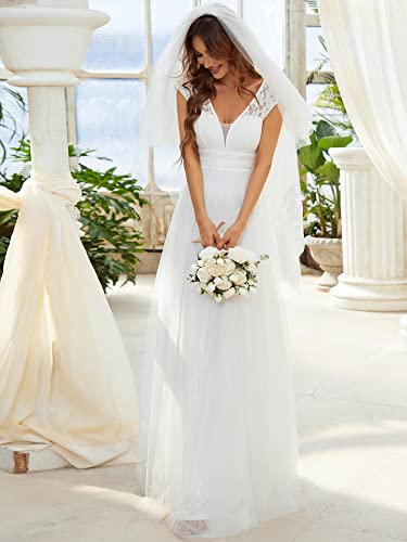 Ever-Pretty Women's Cap Sleeve Lace A-line V-Neck Long Evening Dress for Wedding Party White US8