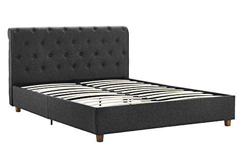 DHP Carmela Luxurious Upholstered Linen Platform Bed wih Wooden Slat Support, Button Tufted Headboard, Full Size - Grey Linen