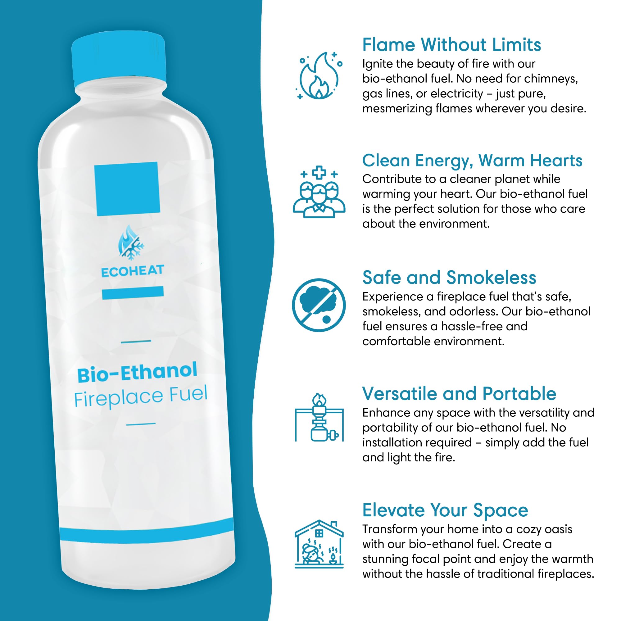 EcoHeat Bio-Ethanol Fireplace Fuel - Clean-Burning, Smokeless, and Versatile - Ideal for Ventless Fireplaces, Tabletop Fire Pits - 1 Liter