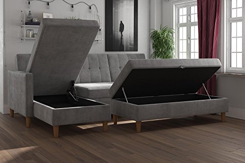 DHP Hartford Storage Sectional Futon with Interchangeable Chaise, Space-saving Design with Multi-position Back, Wooden Legs, Light Grey Chenille