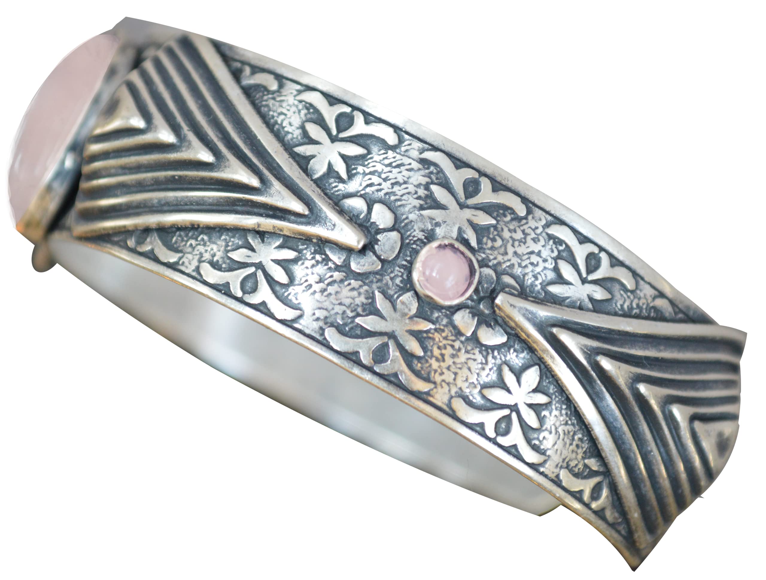 Elaine Coyne Collectible Artwear Antique Silver Brass Art Deco Cuff Bracelet with Rose Quartz Cabochons