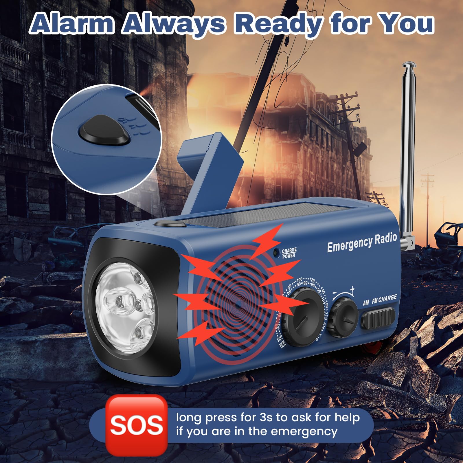 Emergency Hand Crank Radio AM/FM with LED Flashlight, Portable Weather Radio with Solar Charging Manual Crank and Battery Operation, Mergency Phone Charging for Home Outdoor Camping(Blue)