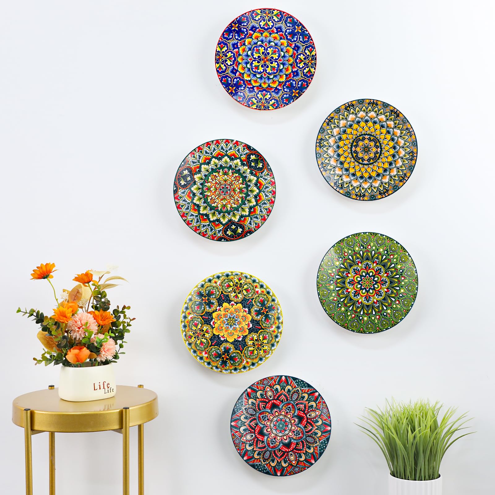 LECOOICS Ceramic Dinner Plates Set of 6, 8.5 Inch, Microwave/Oven/Dishwasher Safe, Scratch Resistant, Bohemian Style Dinnerware for Salad, Pasta, Dessert,Steak, Appetizers