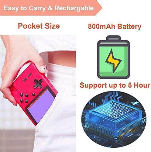 Hand-held game console, retro portable mini game console with 500 classic FC games, TV connection support, two player for kids and adults, 800mAh rechargeable (red), multilingual switch.