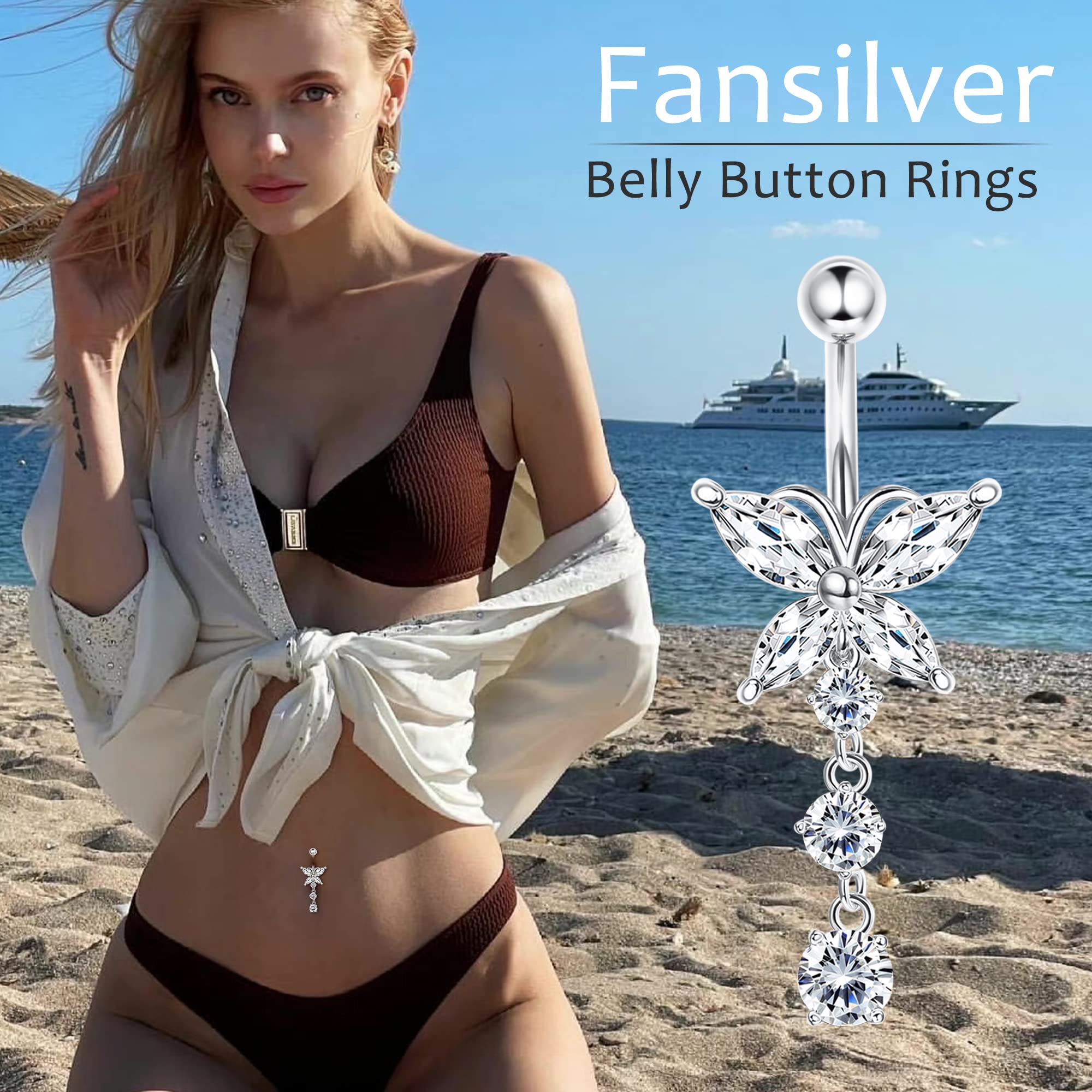 Fansilver 7Pcs 14G Belly Button Rings Dangle 316L Surgical Steel CZ Navel Ring Barbell for Women Butterfly Heart Evil Eye Belly Button Rings Pack