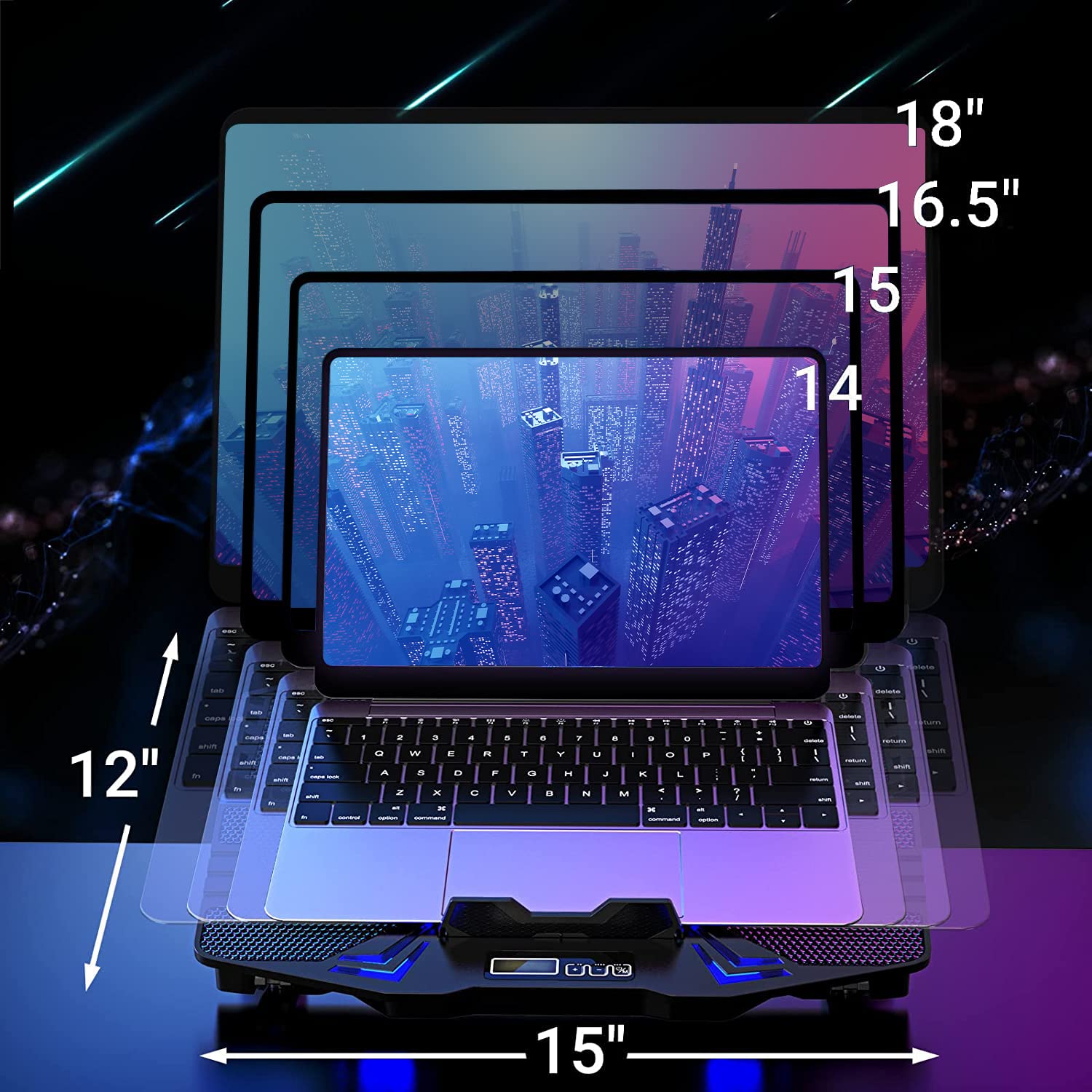 Gaming Laptop Cooling Pad, Adjustable Laptop Cooler Cooling Pad with 6 Quiet Blue LED Fans, Laptop Fan Cooling Pad for 15.6-17.3 Inch Laptop, Cooling Fan for Laptop with Dual USB Ports & 1 Cable