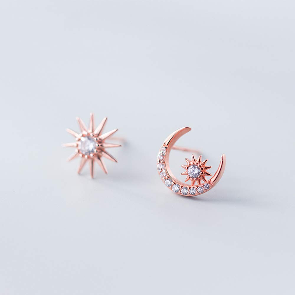 Crystal Star Crescent Moon Stud Earrings S925 Sterling Silver Dainty Clear CZ Diamond Sun Asymmetrical Ear Studs Piercing Earring Delicate Jewelry Gifts for Women Sensitive Ears (Rose Gold)