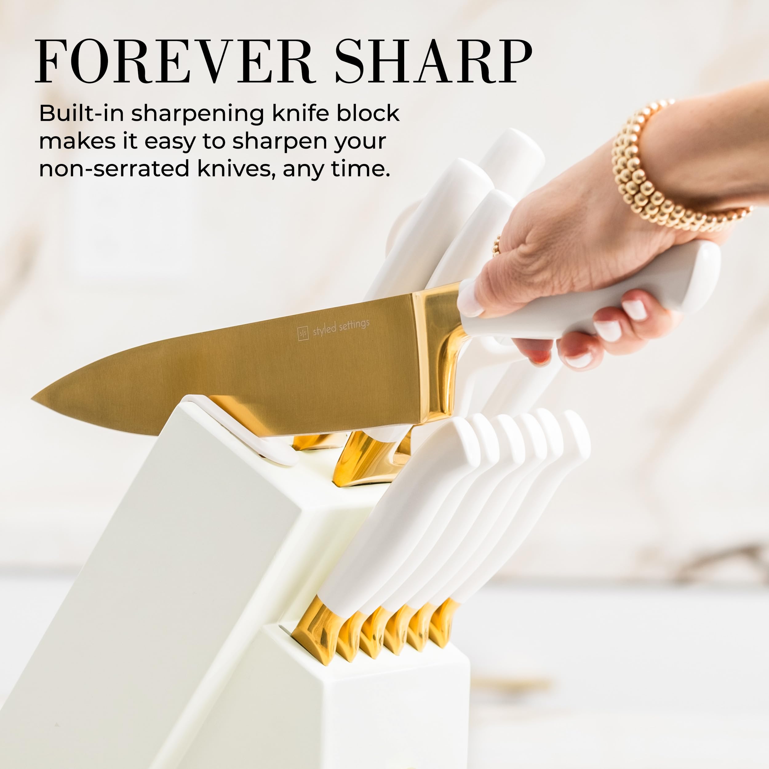 Gold Knife Set with Block Self Sharpening - 14 PC Luxurious Titanium Coated Gold and Off-White Kitchen Knife Set and White Knife Block with Sharpener, White and Gold Kitchen Accessories and Decor