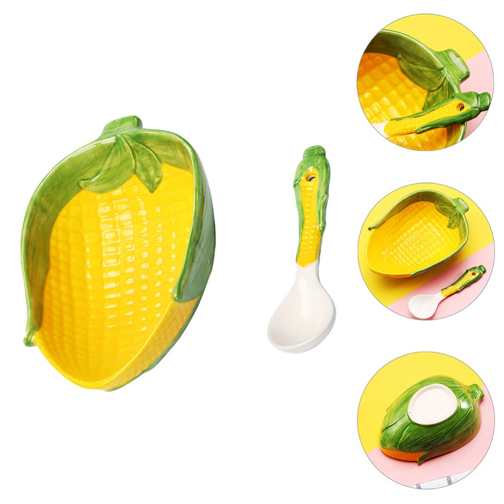 Hemoton Cartoon Corn Bowl with Spoon Ceramic Sauce Dish Dip Bowl Porcelain Salad Bowl Dessert Bowl for Snack Sushi Fruit Pasta 17X11. 5cm