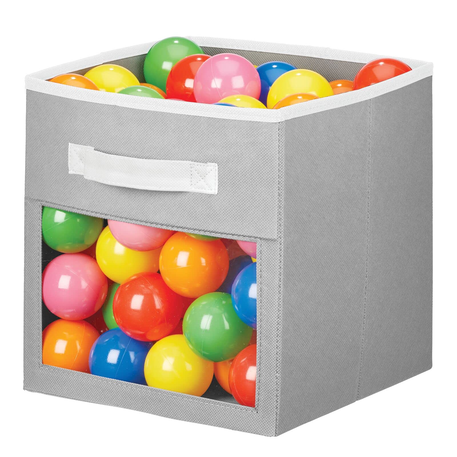 mDesign Fabric Nursery/Playroom Closet Storage Organizer Bin Box with Front Handle/Window for Cube Furniture Shelving Units, Hold Toys, Clothes, Diapers, Bibs, Jane Collection, 4 Pack - Gray/White