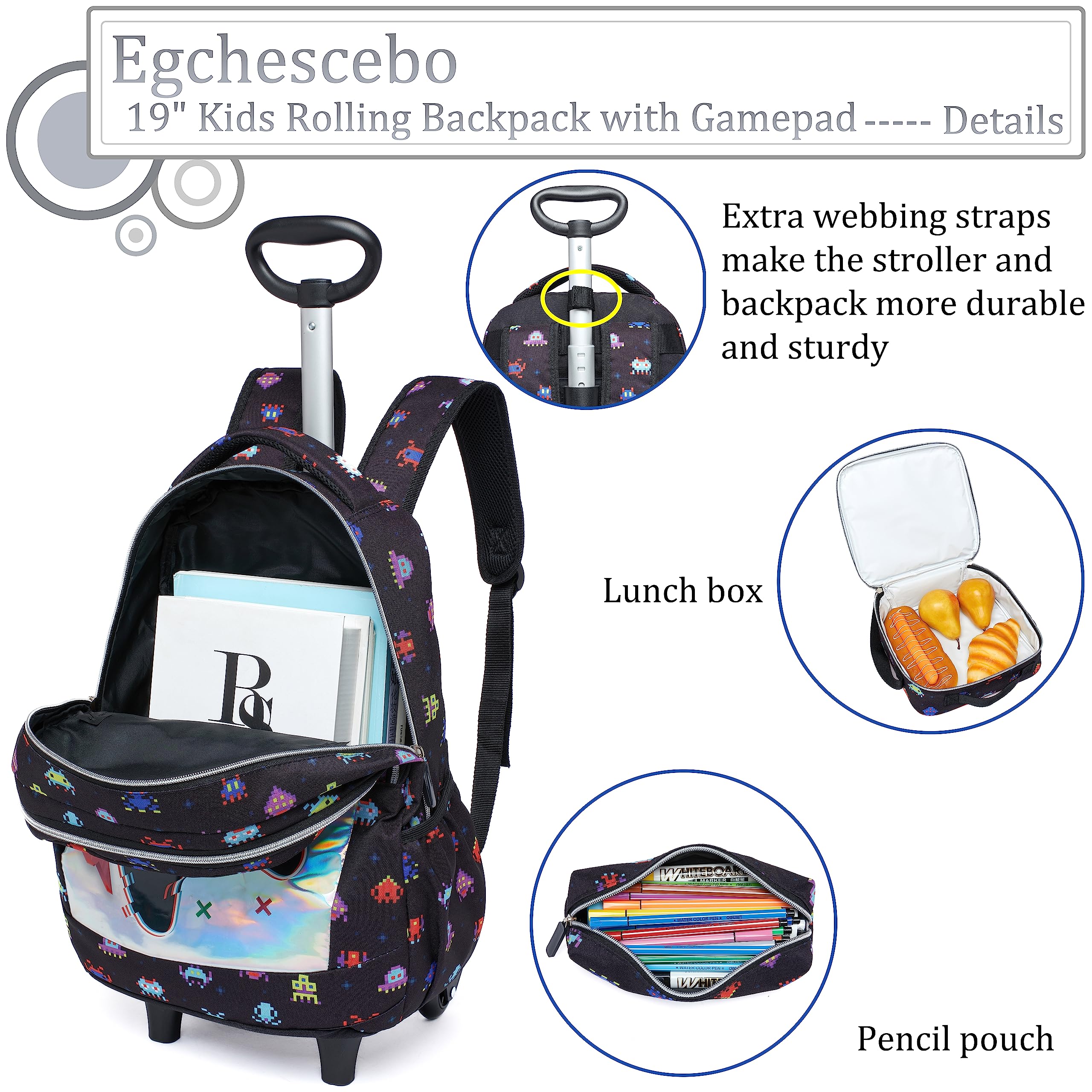 Egchescebo Kids Rolling Backpack for Boys Suitcases Backpacks 18" 3PCS Travel Luggage Roller Backpacks Wheels with Lunch Box Pencil Case for Elementary Trolley School Bag with Gamepad Dark Blue