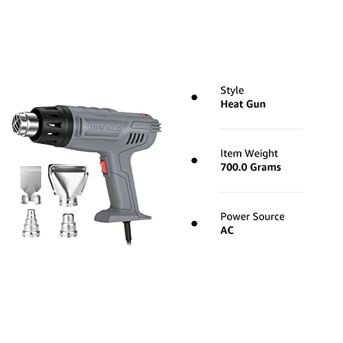 DIAFIELD 1850W Heat Gun 10 Variable Temperature Settings 112℉~1202℉(44℃- 650℃), Fast Heat Hot Air Gun, Durable & Overload Protection, with 4 Nozzels for Shrink Wrap, Vinyl, Crafts, Epoxy Resin(5.9FT)