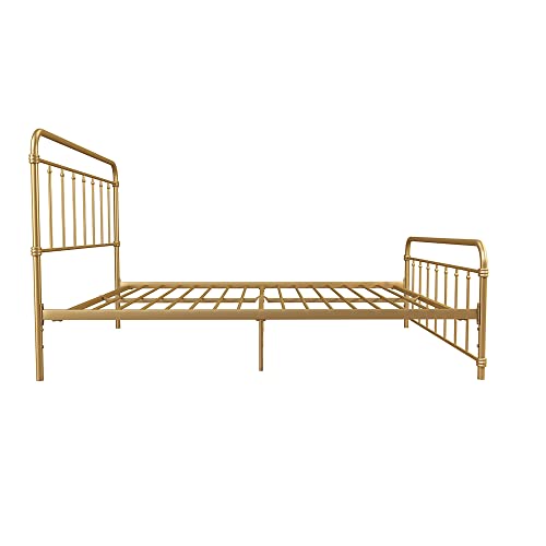 DHP Winston Metal Platform Bed with Rustic Design and Curved Edge Headboard and Footboard, Adjustable Base Height for Underbed Storage, No Box Spring Needed, Queen, Gold
