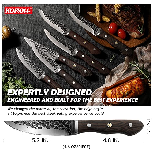 KONOLL Steak Knives Set of 6 Steaks Knife Serrated Blade Forged Handmade German High Carbon Steel Full Tang Handle