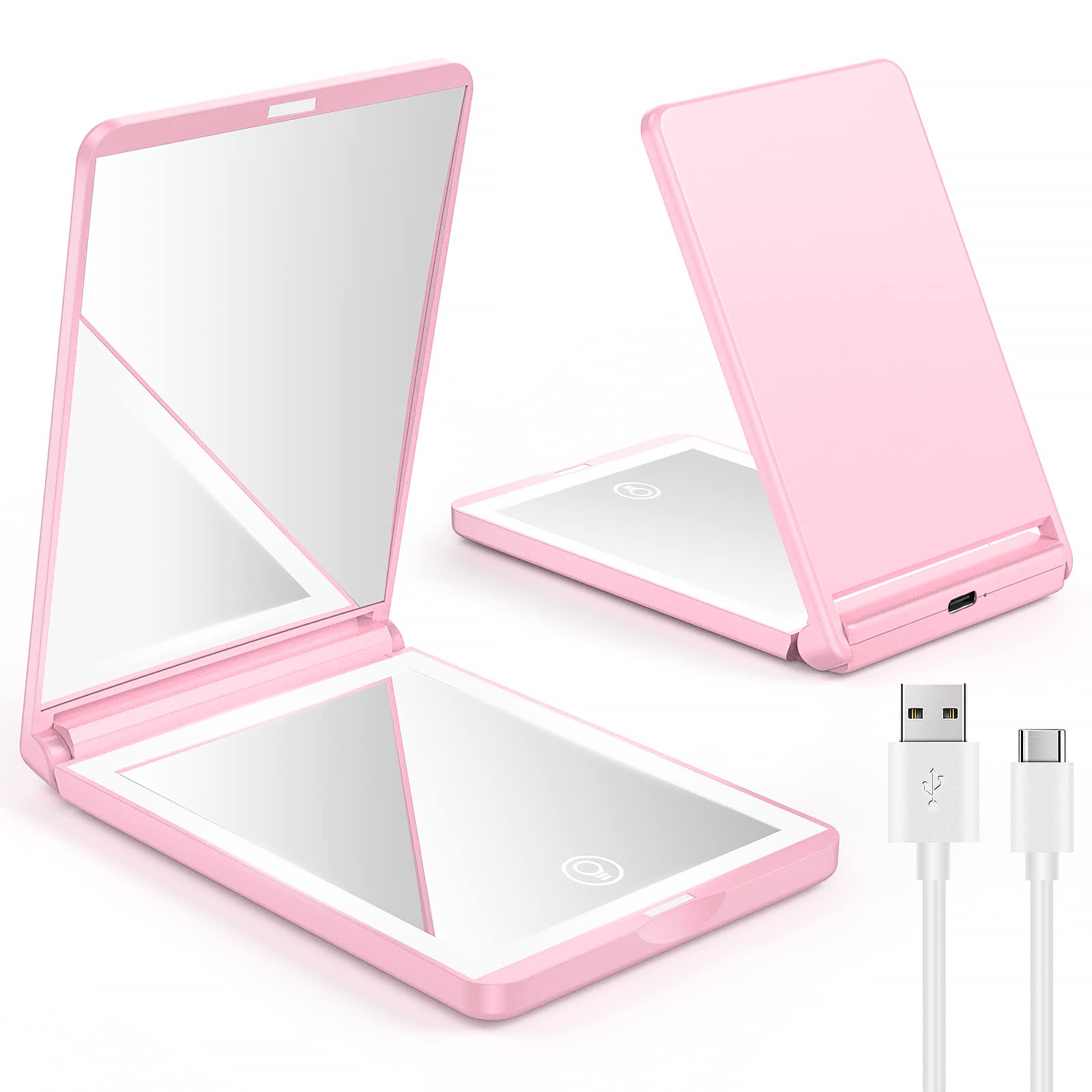 Gospire Standing LED Travel Makeup Mirror with Lights and Magnification 1X/3X, Rechargeable Compact Mirror with Adjustable Brightness, Foldable Small Vanity Mirror Handheld for Purses – Pink