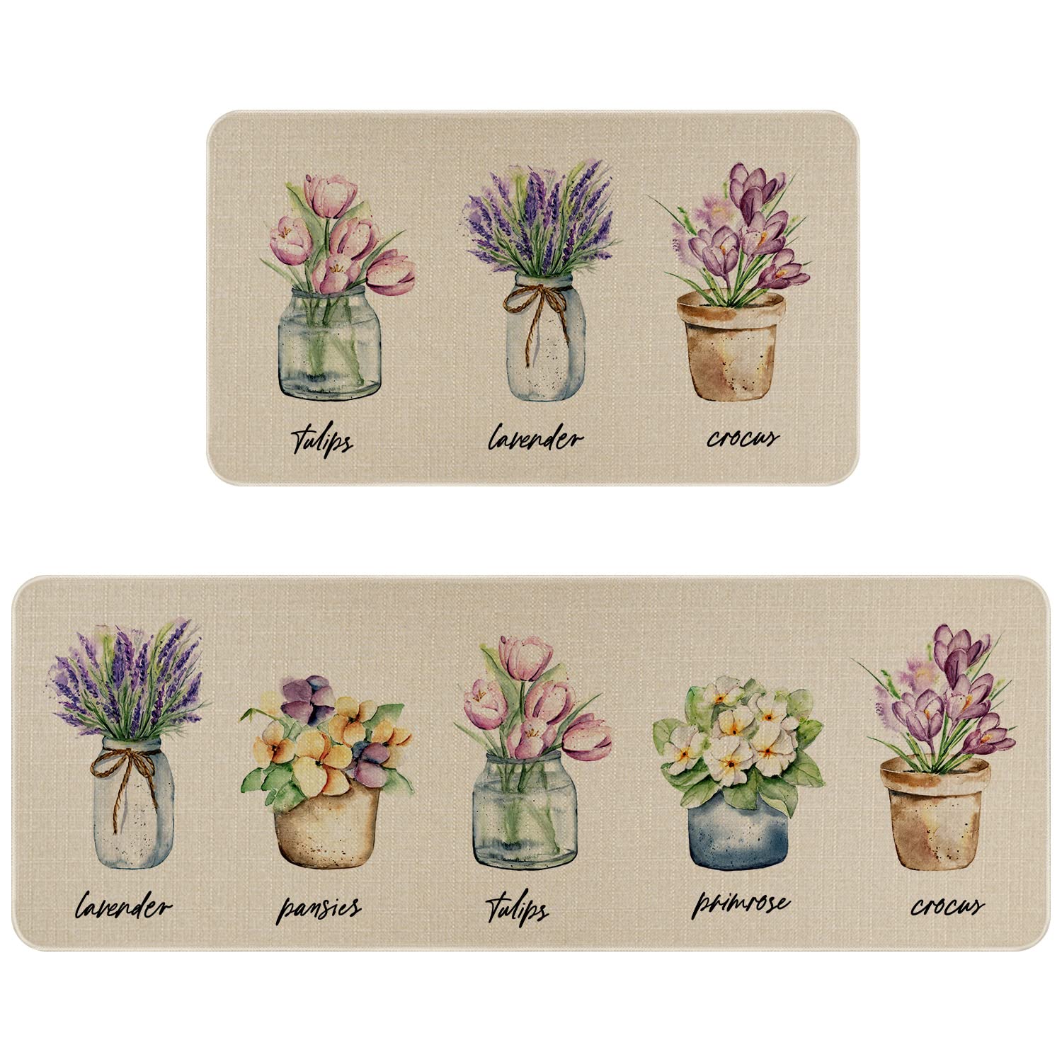 Eikunn Floral Kitchen Rugs and Mats Set of 2, Lavender Tulip Flower Kitchen Rug for Floor, Non-Slip Washable Comfort Standing Kitchen Sink Runner Rug Holiday Kitchen Accessories