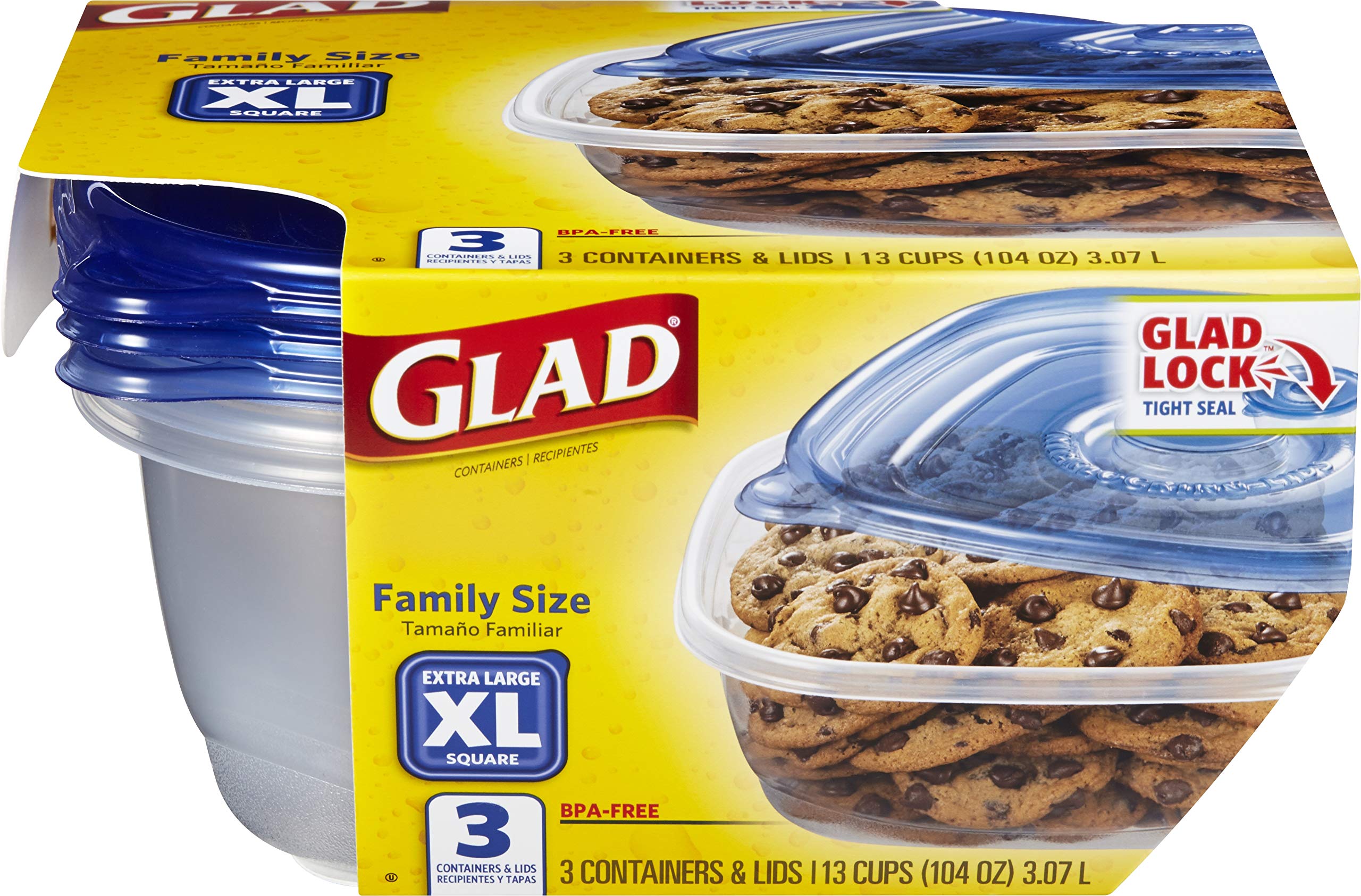 GladWare Family Size Food Storage Containers, XL | Large Square Food Storage, Containers Hold up to 104 Ounces of Food, Large Set 3 Count Food Containers