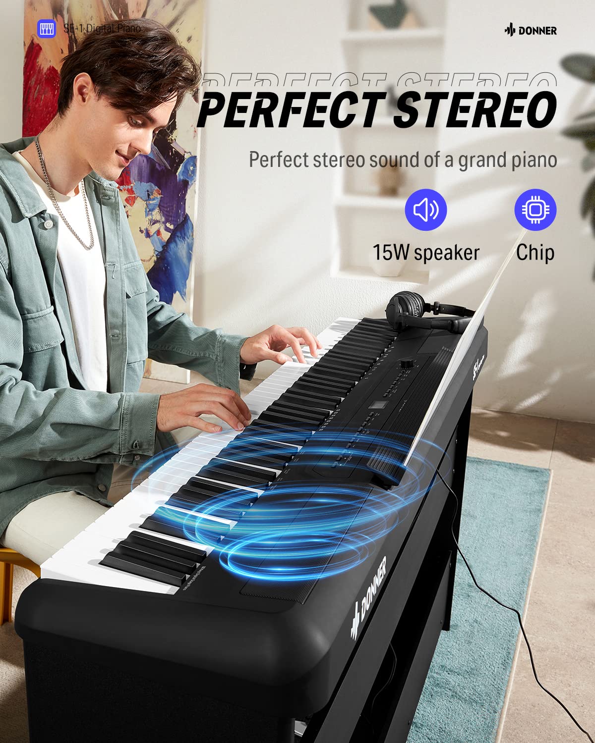 Donner SE-1 88 Key Digital Piano with Graded Hammer Action Weighted Keys, Record, Bluetooth, 4 Reverb, LCD Screen, MIDI IN/OUT, 88 Key Weighted Keyboard Piano Bundle with Stand, Headphone, Three Pedal