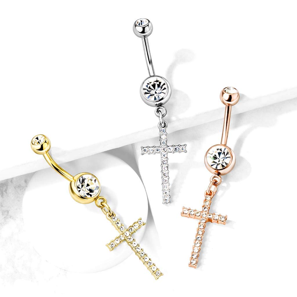 Dynamique Crystal Paved Cross Dangle Double Jeweled 316L Surgical Steel Belly Button Rings (Sold Per Piece)