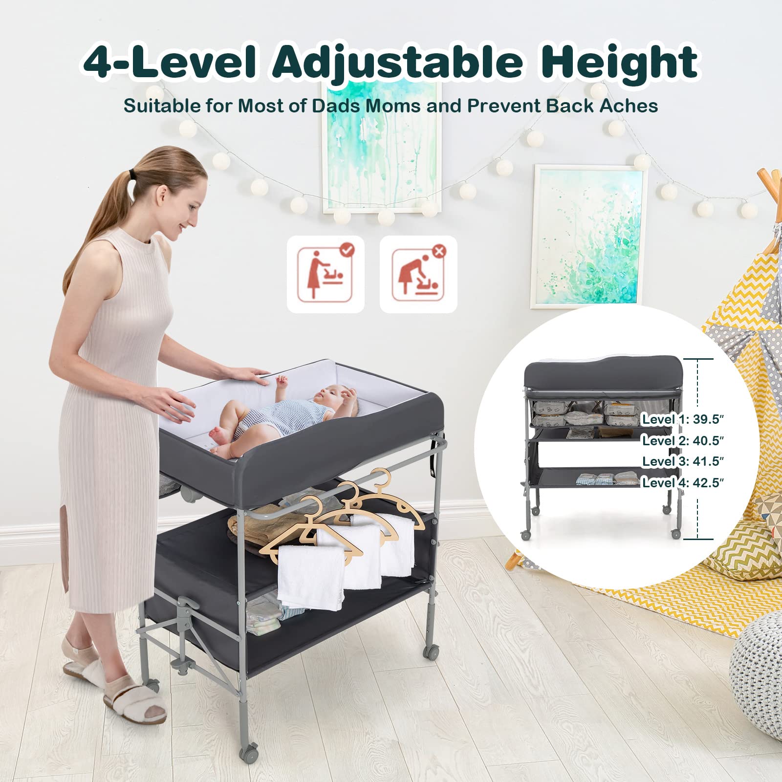HONEY JOY Portable Baby Changing Table, 3-Tier Foldable Changing Station w/Wheels for Infant, Waterproof Diaper Changing Pad, 4 Adjustable Heights, Side Storage Basket for Newborn Essentials (Gray)