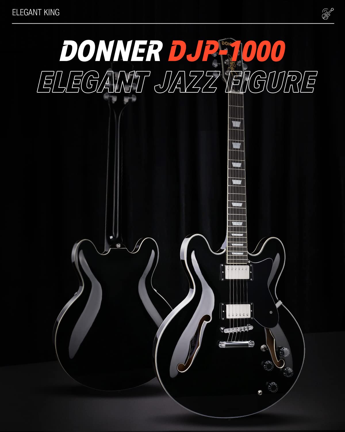 Donner Semi-Hollow Electric Guitar, DJP-1000 Jazz Guitar with H-H Pickups & Coil-splitting Function, 335 Electric Guitar Bonus Bag, Cable, Strap