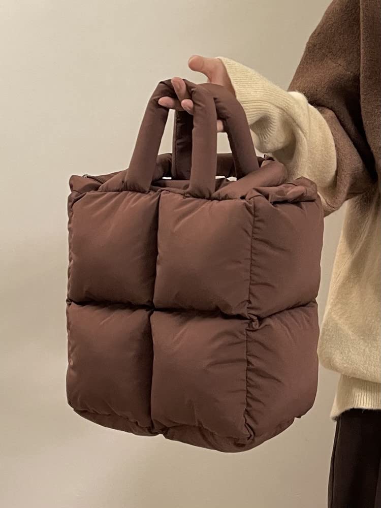 Eillys Women Padded Shoulder Bag Luxury Check Tote Bag Soft Pillow Handbag Quilted Puffy High Capacity Underarm (Za-Coffee (Basic Edition))