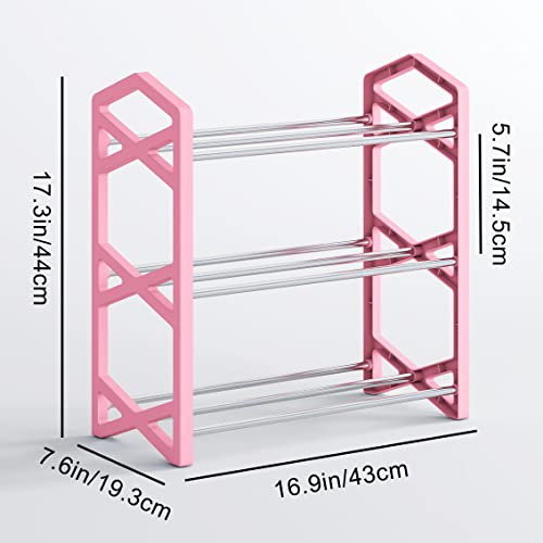 Hockmez 3-Tier Small Shoe Rack .Multifunctional Lightweight Kids Shoe Shelf Storage Organizer for Entryway Hallway Closet Bathroom Living Room (Pink)