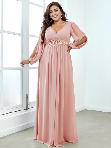 Ever-Pretty Plus Women's Plus Size A-line Long Slit Sleeves Bidesmaid Dress for Wedding Pink US26