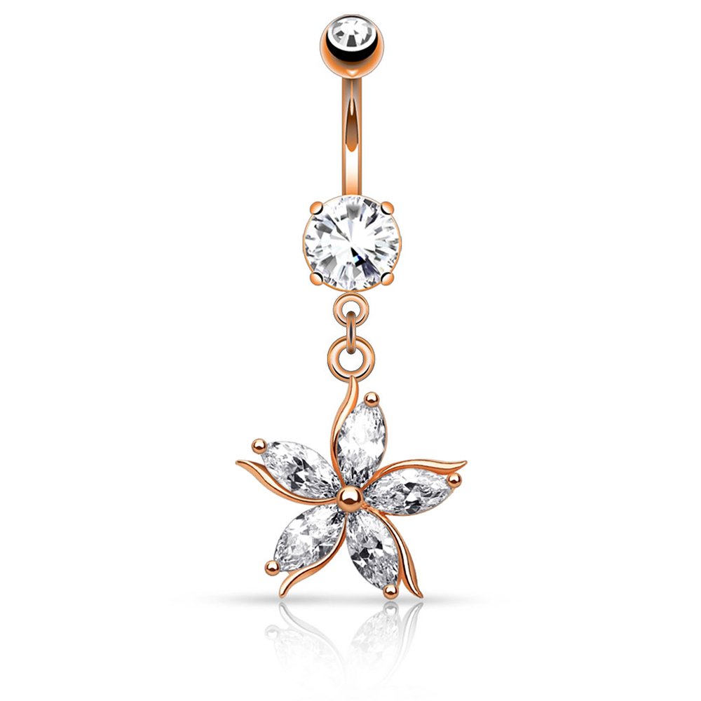 Dynamique Flower with CZ Shard Petals Dangle 316L Surgical Steel Belly Button Ring (Sold Per Piece)