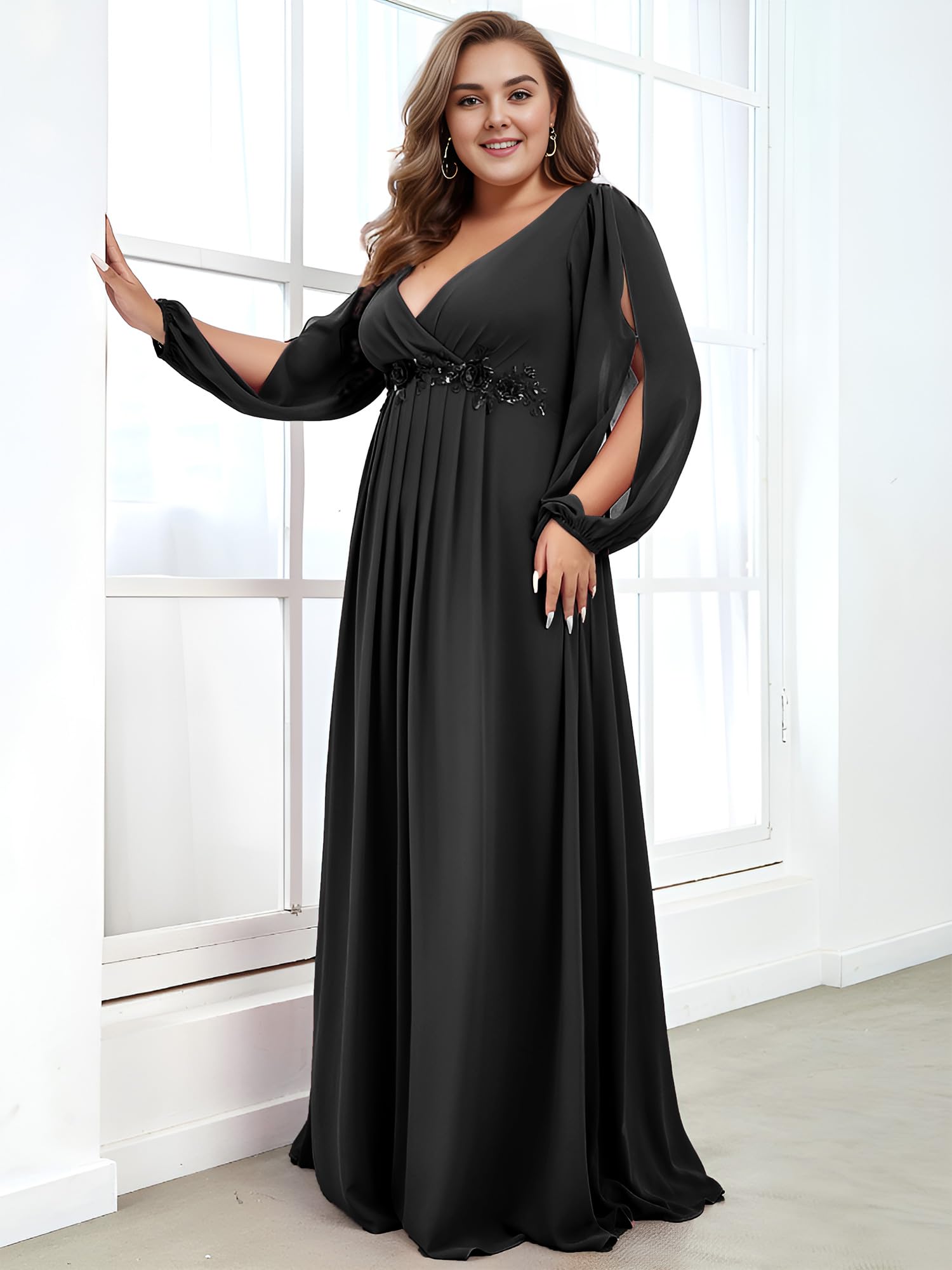 Ever-Pretty Plus Womens A-line Long Side Slit Sleeves Bidesmaid Dress for Wedding Plus Size Black US26
