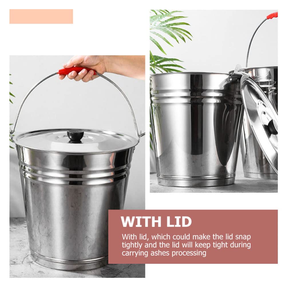 GANAZONO Ash Bucket with Lid Stainless Steel Water Pail Small Trash Can Fireplace Metal Bucket for Hearth Fire Pit Wood Burning Stove Grill Silver 8L