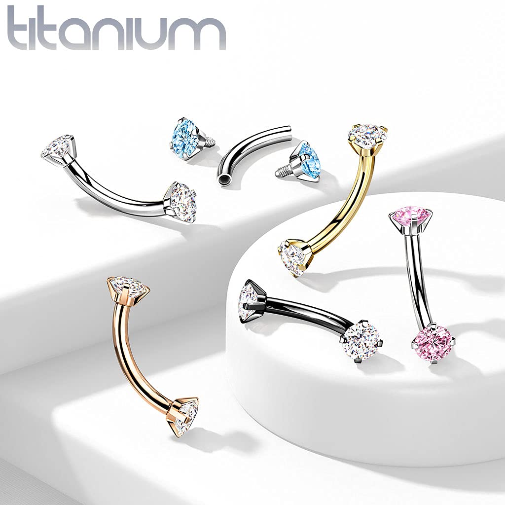 Dynamique Implant Grade Titanium Curved Barbells With Internally Threaded Prong Set CZ Ends (Sold Per Piece)