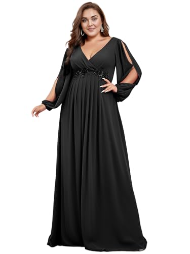 Ever-Pretty Plus Women's Plus Size A-line Floor-Length Long Sleeves V Neck Formal Party Dress Black US20