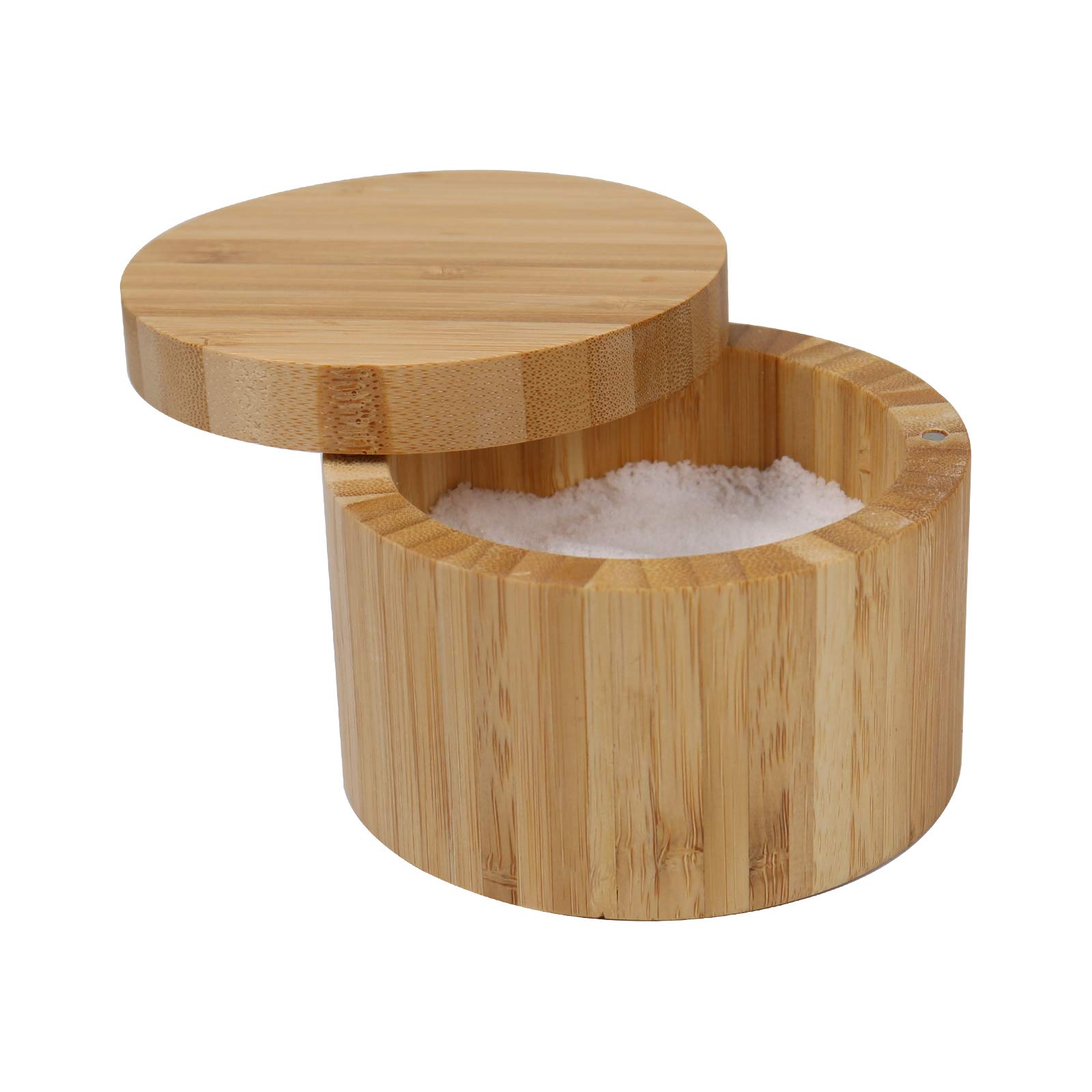 HTB Bamboo Salt Box With Magnetic Swivel Lid, 8.5oz Round Spice Container, Secure Durable Storage & Organization for Seasonings, Herbs