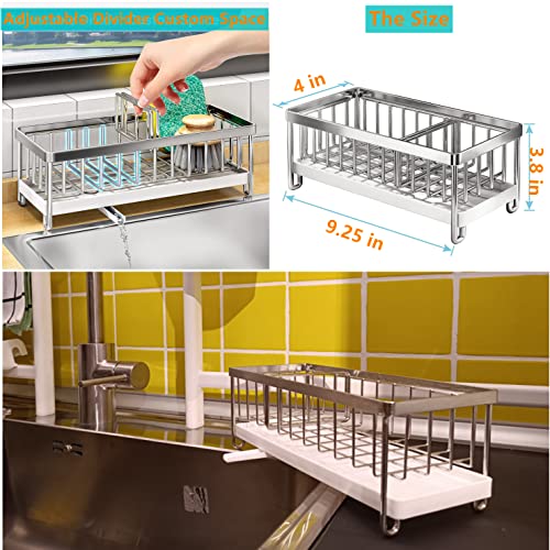 JYFKINN Kitchen Sink Sponge Holder, Kitchen Sink Caddy 304 Stainless Sponge Holder for Kitchen Sink Sponge Organizer with Divider Diversion Drainage, Dish Soap Dispenser Brush Holder Storage