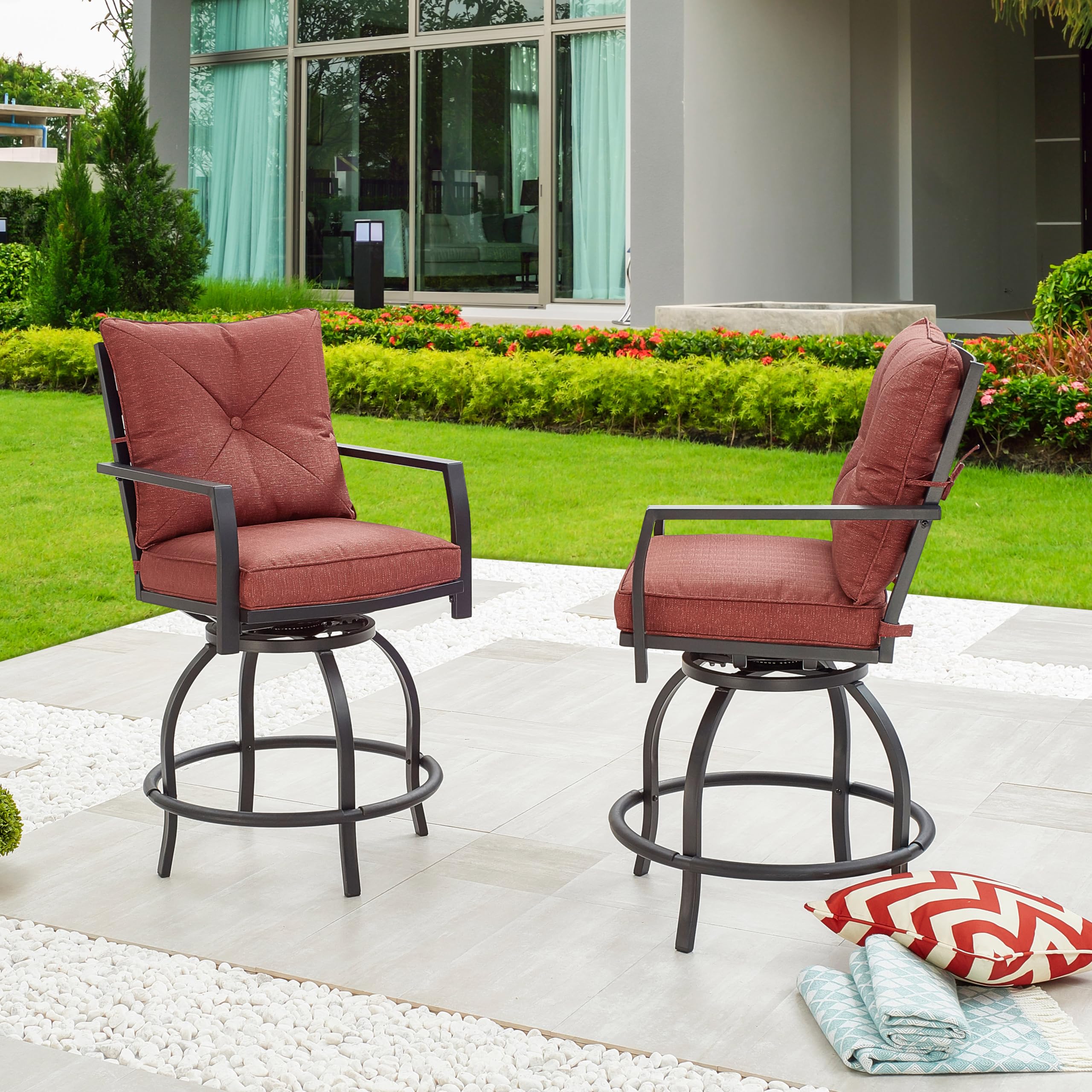 LOKATSE HOME Patio Height Set of 2 Outdoor Swivel Bar Stools with Seat and Back Cushions, 2 Chairs, Red