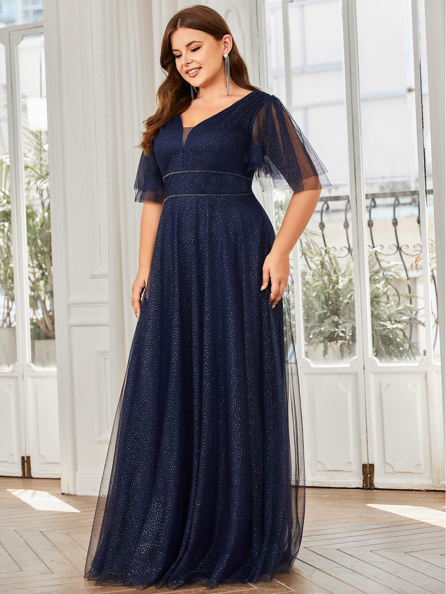 Ever-Pretty Plus Women's A Line illsuion Tulle Floor-Length Plus Size Dance Party Dress Navy US24