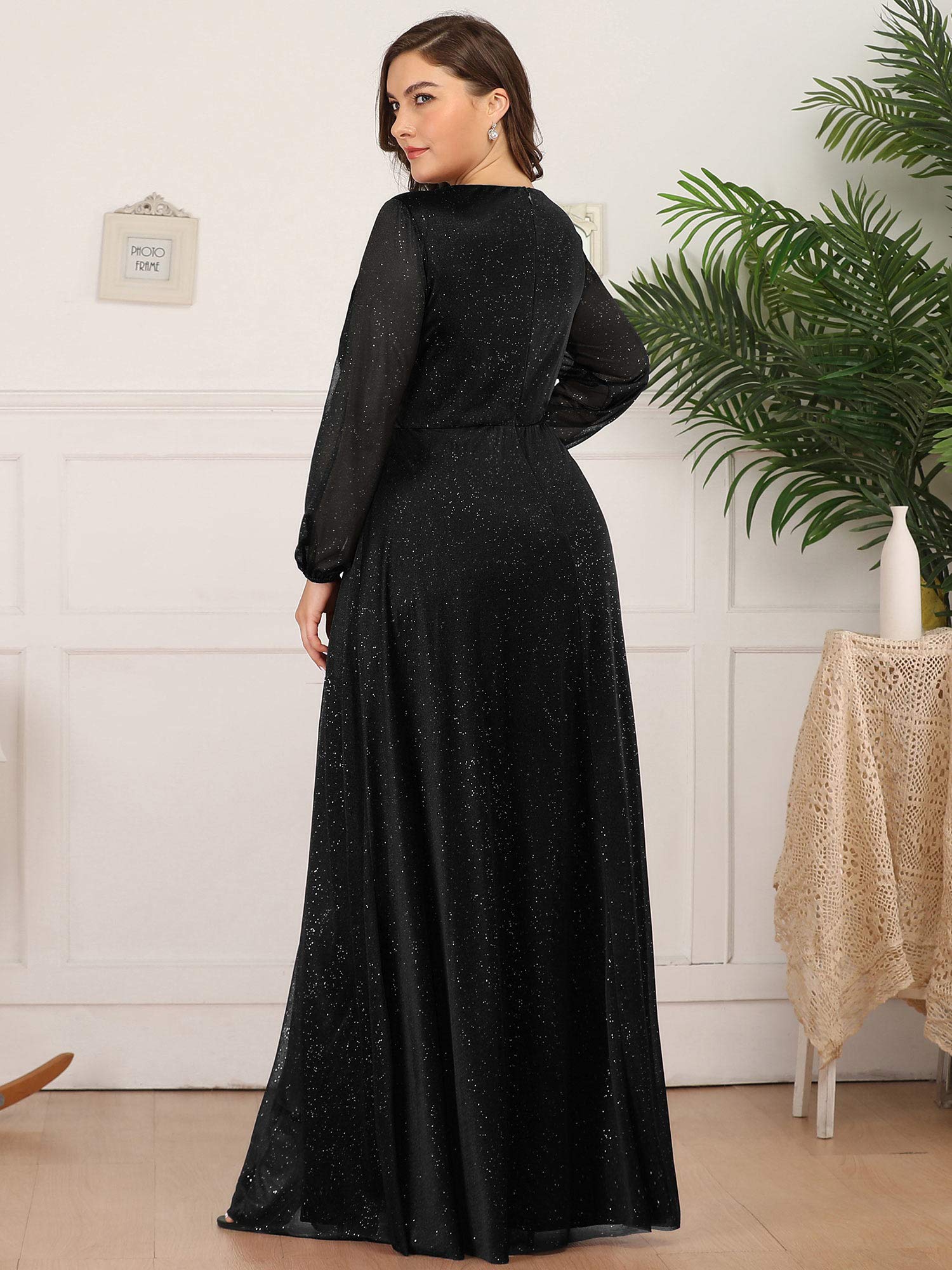 Ever-Pretty Women's Leg Slit V-Neck Sparkle Plus Size Evening Party Dress with Sleeves Black US14