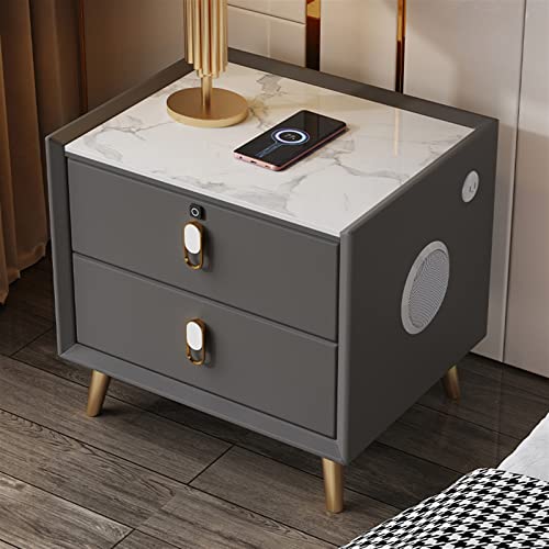 HIGOH Bedside Table Light Slate Smart Bedside Table Minimalist All Solid Wood Wireless Charging Fingerprint Lock Bluetooth Audio